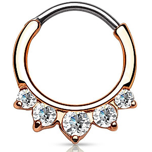 FIFTH CUE Five CZ Set Round Top 316L Surgical Steel Nose Septum Ear Cartilage Clicker Ring (Rose Gold/Steel)
