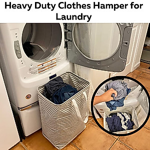 Evelots Large Laundry Hamper - Freestanding and Collapsible - Waterproof - Clothes, Toys Basket with Carry Handles - 80 Liters, 21 Gallon - Up to 4 Large Loads - Solid Wire Top Frame - Gray Striped