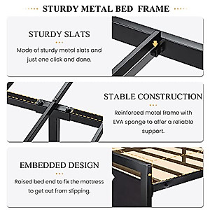 SHA CERLIN Full Size Bed Frame with Modern Wooden Headboard/Heavy Duty Platform Metal Bed Frame with Square Frame Footboard & 13 Strong Metal Slats Support/No Box Spring Needed, Black