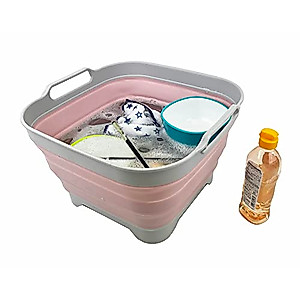 SAMMART 10L (2.64 Gallon) Collapsible Dishpan with Draining Plug - Foldable Washing Basin - Portable Dish Washing Tub - Space Saving Kitchen Storage Tray (Grey/Pale Pink)