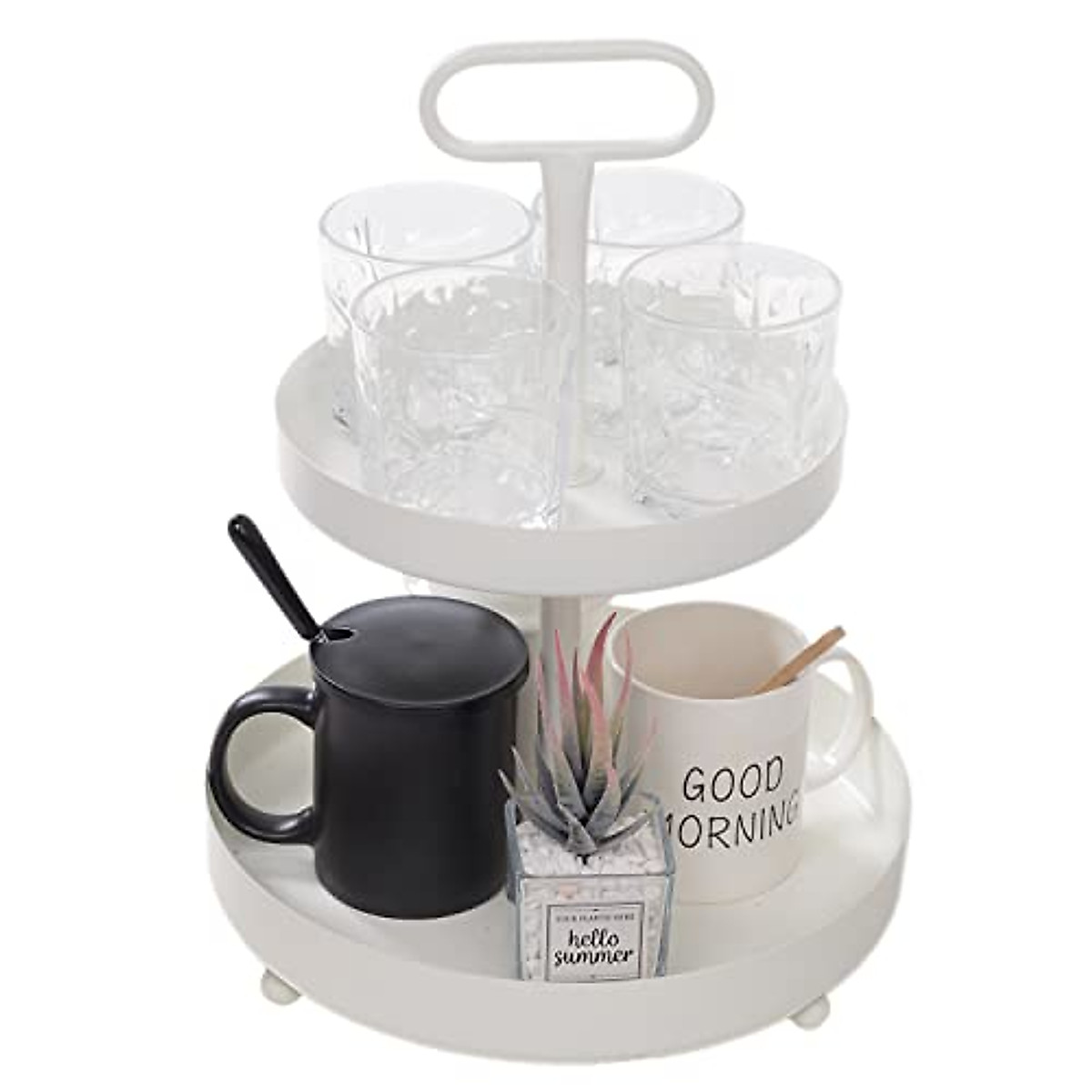 MAONAME White 2 Tiered Tray, Metal Two Tier Tray with Handle, Decorative Tray for Kitchen, Living Room, Bathroom, Seasonal Decor