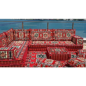 Corner Floor Seating, L Shaped Sofa Set,Turkish Sofa Set, Floor Couch, Oriental Floor Seating, Seating Sofa, Ethnic Sofa,Bohemian Furniture (L Sofa + Rug + Poufs)