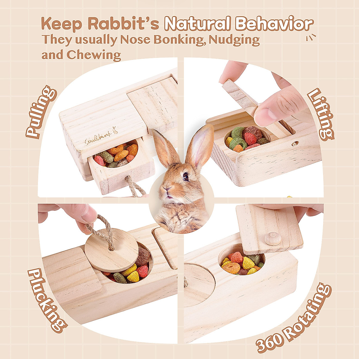 SoulThink Interactive Wooden Rabbit Toys - Sniff n' Snack Rabbit Treats Bunny Toys, Enrichment Rabbit Toy for Boredom, Better Than Snuffle Mat for Small Animals, Hamsters, Guinea Pig (2 Sets)