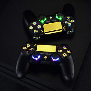 eXtremeRate 7 Colors 9 Modes Button Control DTFS (DTF 2.0) LED Kit, Chrome Gold Classical Symbols Multi-Colors Luminated D-pad Thumbsticks Face Buttons for PS4 Controller - Controller NOT Included