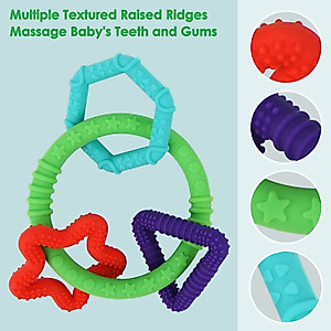 Teething Ring Toys for Babies 6+ Months, Btrfe Baby Soft Silicone Teether with Multiple Raised Textures, Teething Relief, Soothing Gums, Colorful Ring Geometry