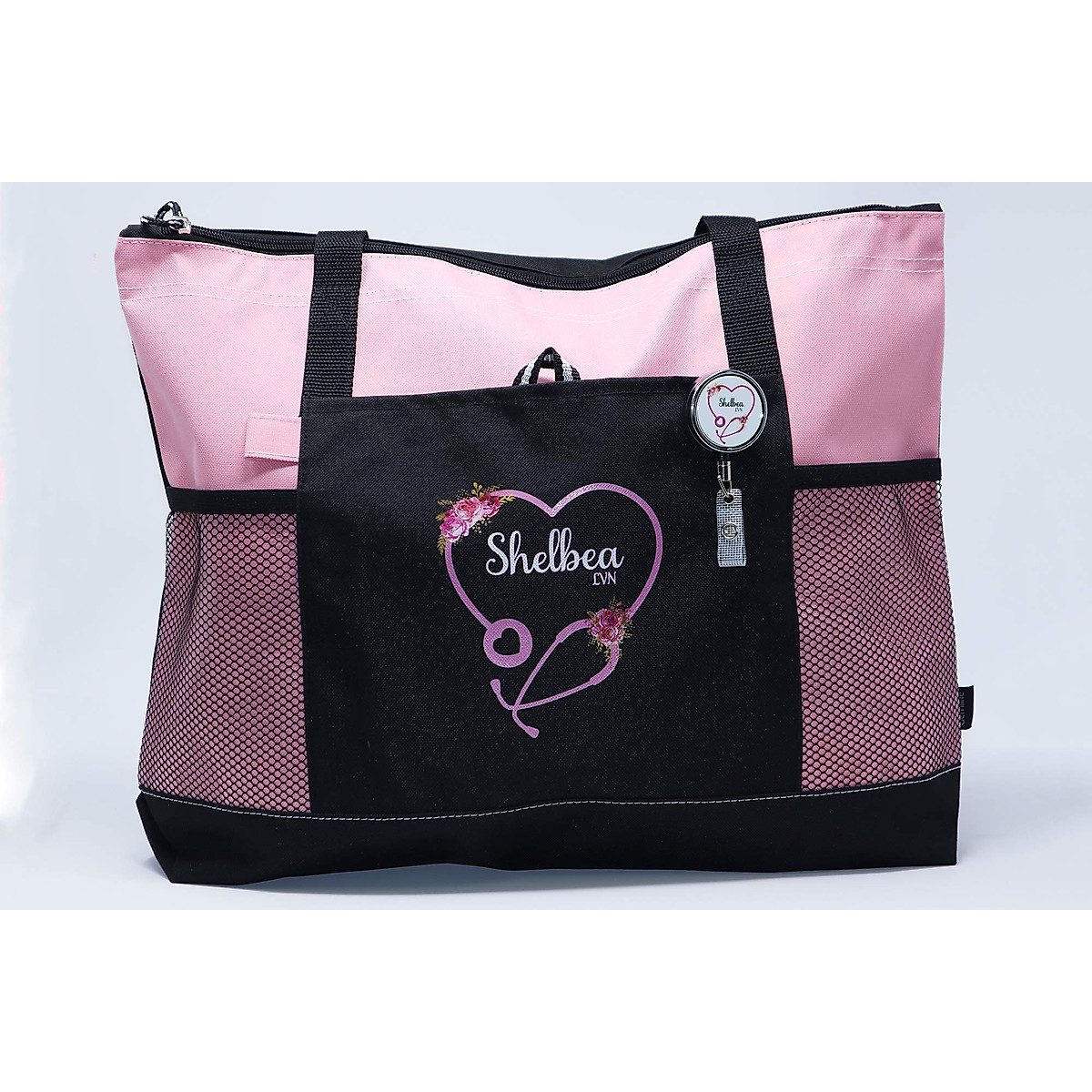 Personalized Nurse with Heart Stethoscope, CNA, RN, LPN Tote Bag with Mesh Pockets, Custom Printed