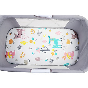 Bassinet Sheets for Baby Boy and Girl, Stretchy Breathable Fitted Sheet Universal for Bassinet Cradle Hourglass Oval Rectangle Pad/Mattress, 4 Pack Deer, Elephant, Rabbit and Squirrel Printing