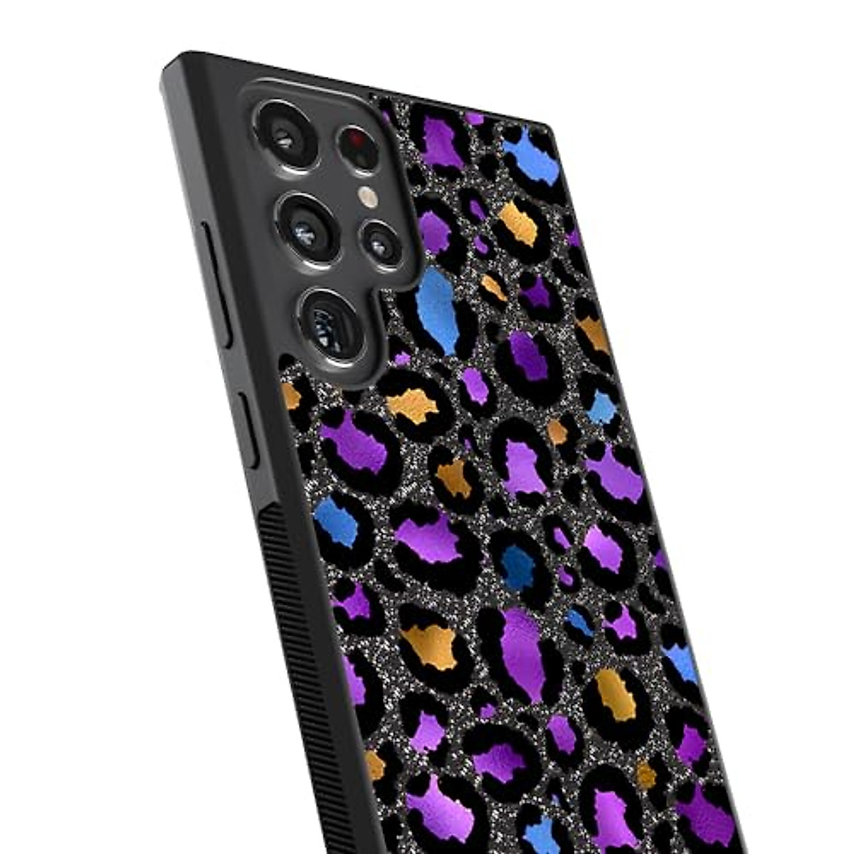 Space Leopard Purple Gold Personalized Black Rubber Phone Case Compatible With Samsung Galaxy S23, S23+, S23 Ultra, S22, S22+, S22 Ultra, S21 FE, S21, S21+ S20 FE S20 + Ultra 20 Ultra10+ S10 S10+