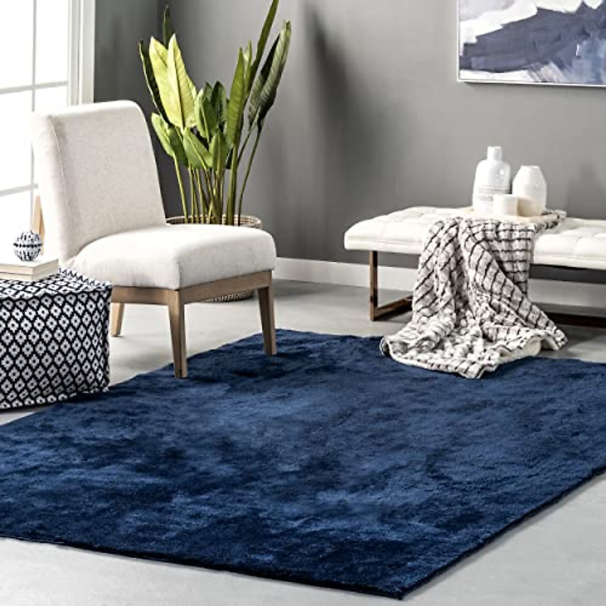 nuLOOM Loni Solid 5x8 Machine Washable Shag Area Rug for Living Room Bedroom Dining Room Nursery, Navy/Ivory