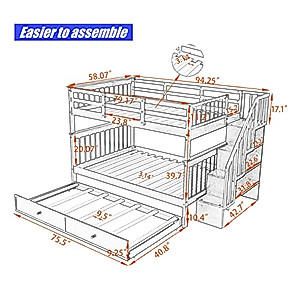 SNIFIT Upgraded Version & Stronger Solid Wood Convertible Bunk Bed Full Over Full with Trundle & Storage Shelves & Stairs, Thickened Reinforced Full Over Full Size Bunkbed (Easier Assembly) (White)