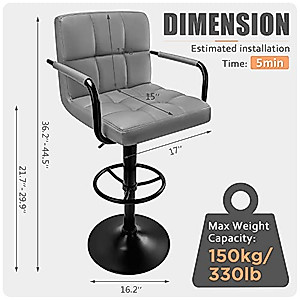 Huracan Adjustable Barstool with Armrest Swivel Bar Stools Set of 2 Counter Height Modern Bar Stool with Back Pu Leather Square Kitchen Island Barstools - Light Grey Base,2pcs