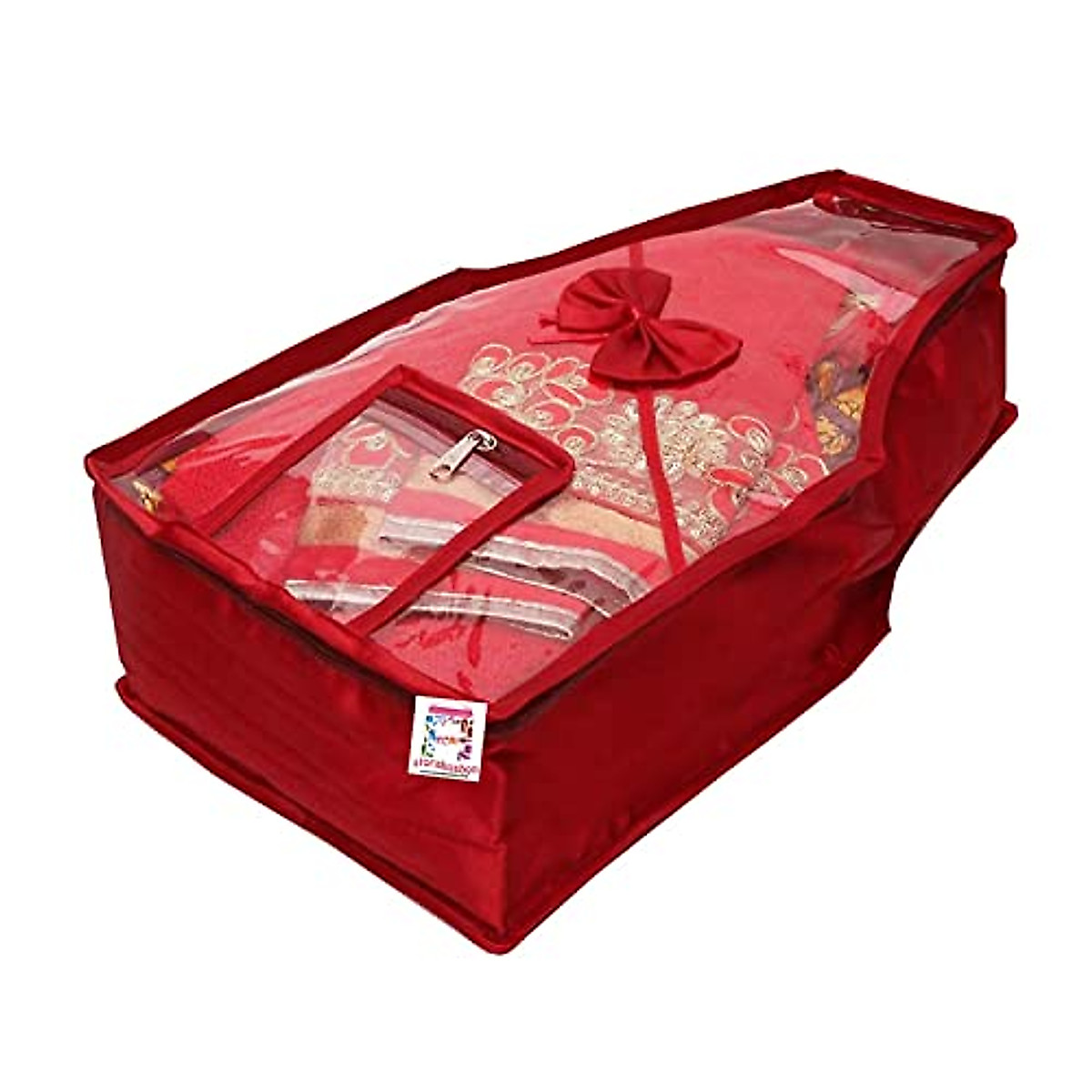 atorakushon Fabric Satin Saree and Blouse Covers Garments Clothes Storage Bag Wardrobe Organizers With Double Zip Lock & Transparent Window Set of 5 Maroon