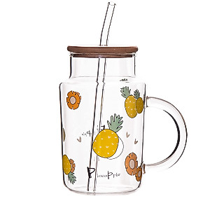 Sizikato Clear Glass Mug with Lid and Straw, 15 Oz Drinking Glass Juice Cup, Cute Pineapple Pattern