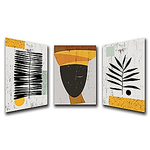 Framed Canvas Wall Art African Ethno Motive Wall Art Set, Abstract Ethno Art, African American Woman Portrait, Black Orange Print, Contemporary Collage, Minimalist (A-3pcs,12x16inchx3pcs)