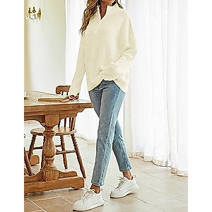 MEROKEETY Women's 2023 Long Sleeve Chunky Knit Sweaters 1/4 Zip Polo V Neck Casual Pullover Tops,Beige,M