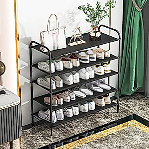Wisdom Star 5 Tier Stackable Shoe Rack Organizer Storage, Adjustable Fabric Shoe Shelf for Closet Closet Hallway Bedroom Entryway, Black
