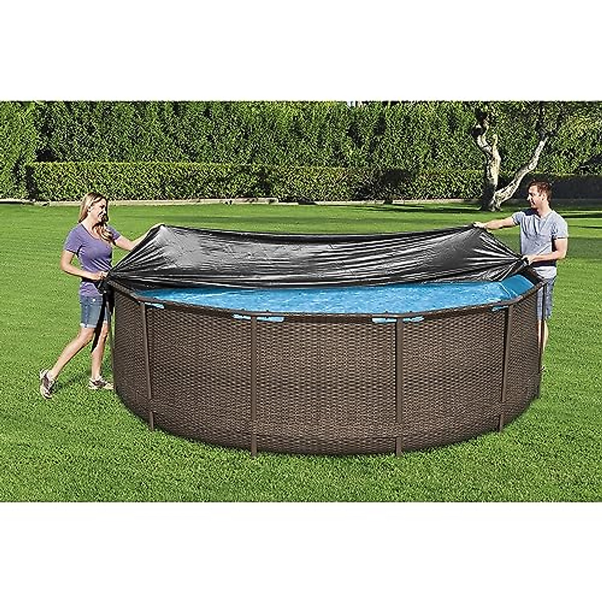 Bestway Flowclear PVC Round 12 Foot Pool Cover for Above Ground Frame Pools with Drain Holes and Secure Tie-Down Ropes, Black (Cover Only)
