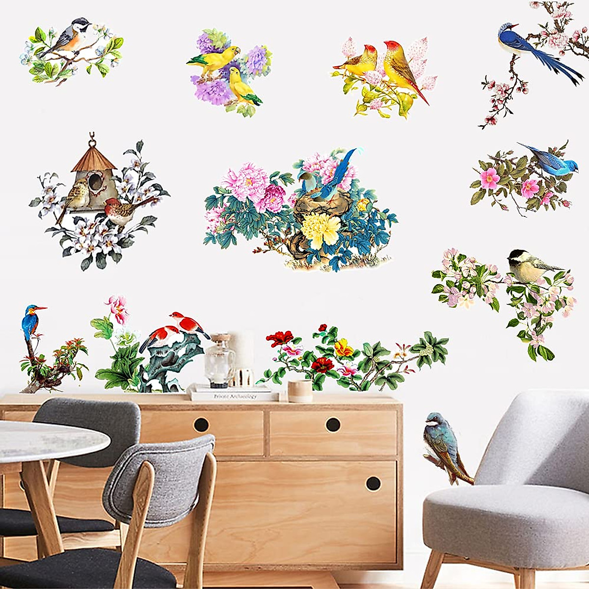 Birds on Tree Branches Wall Decals,Cardinal Birds Flowers Wall Stickers Spring Summer Robinbird Decor for Home Kitchen Office Kids DIY Supply