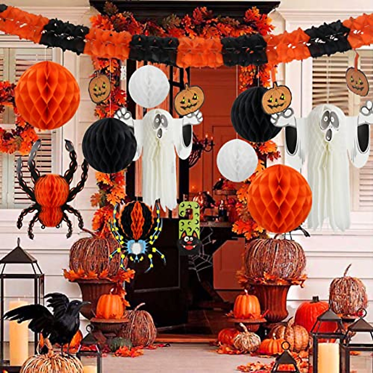 VIEUE Halloween Party Decorations Set Including Honeycomb 3D Wall Spider Ghost and Trick or Treat Door Ornaments for Halloween Decor 12pcs