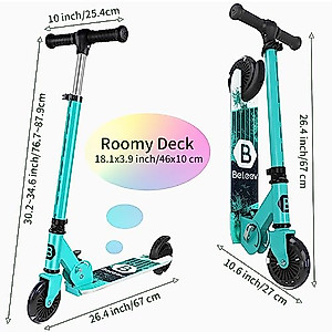 BELEEV Scooters for Kids Ages 3-12 with Light-Up Wheels & Stem & Deck, 2 Wheel Folding Scooter for Girls Boys, 3 Adjustable Height, Non-Slip Pattern Deck, Lightweight Kick Scooter for Children (Aqua)