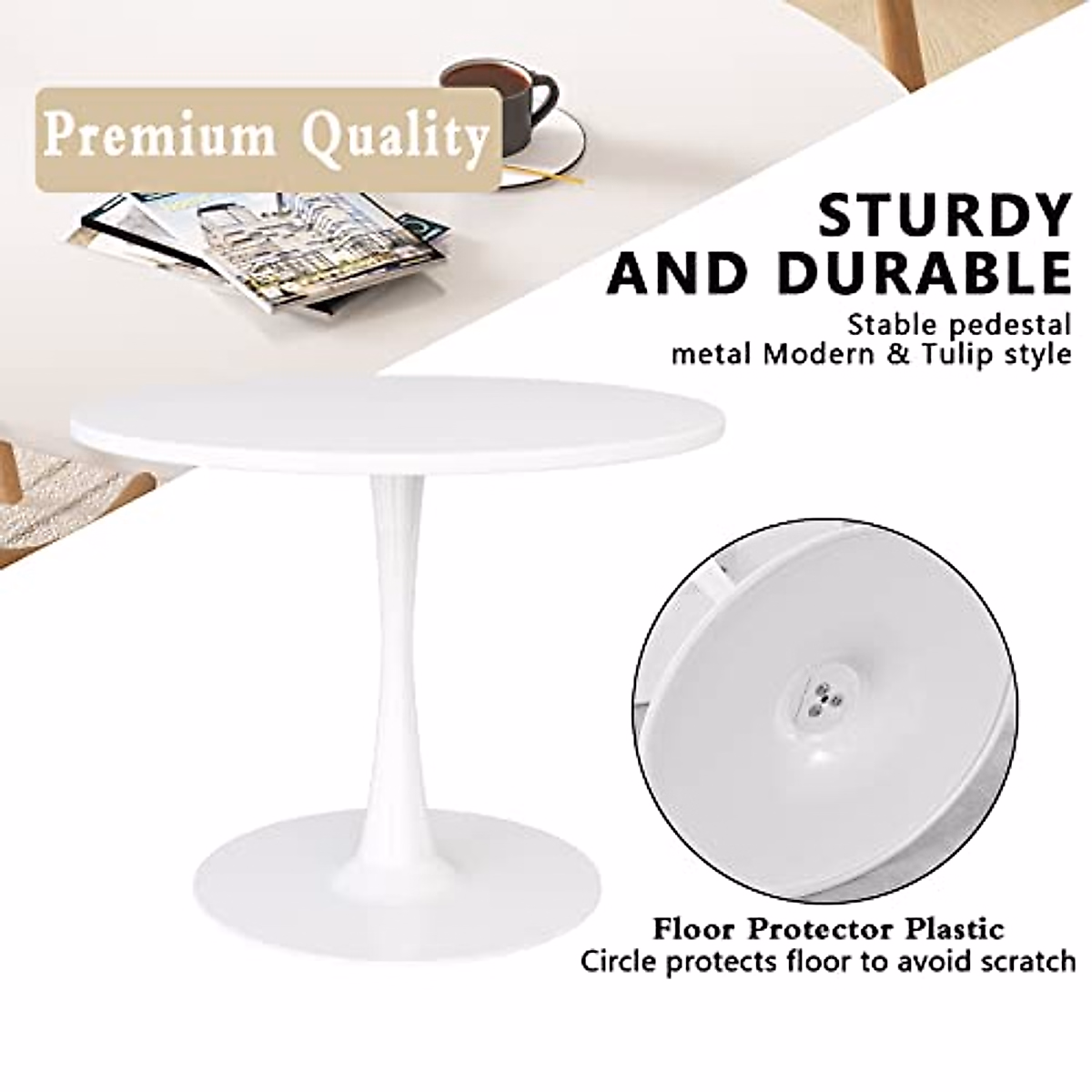 DKLGG White Round Dining Table, 31.5" Tulip Table Kitchen Dining Table 2-4 People with MDF Table Top & Pedestal Base, Mid-Century End Table Leisure Table Coffee Office Living Room Table