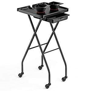 Salon Tray on Wheels Foldable, Tattoo Color Trays for Hairstylist Esthetician Barber, Dental Medical Rolling Tray Cart, Hair Trolley Mobile Organizer with Storage Drawer