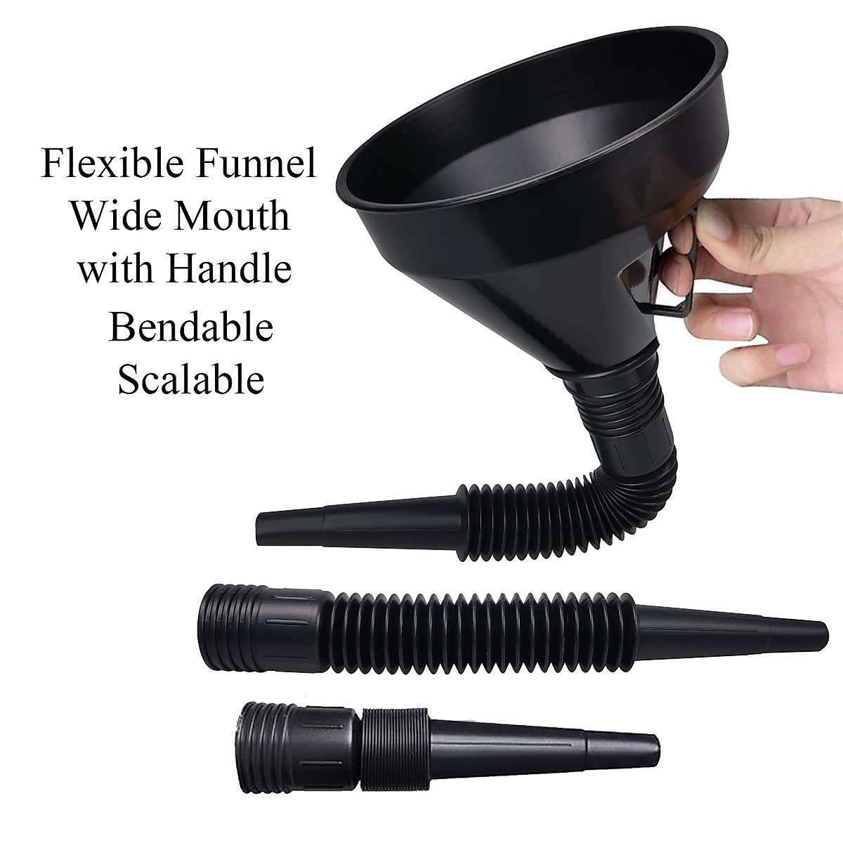 Flex Funnel - Wide Mouth Flexible Funnel with Handle, Multi-Functional Large Plastic Automotive Funnels for Cars and Motorcycles, Engine Oil, Liquid, Diesel, Kerosene,Gasoline (2pcs * 5.2" Black)