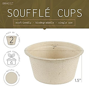brheez 2 oz - Pack of 100 Disposable Bagasse Fiber Souffle Cups , 100% Natural, Biodegradable & Compostable Perfect for Condiments Small Portion & Samples Eco Friendly Paper Alternative - Natural