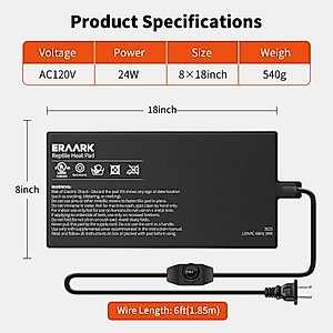 ERAARK Reptile Heating Pad 8" X 18" with Temperature Adjustable Controller Knob, 24W Terrarium Heating Mat for Reptiles Amphibians Hermit Crab Snake Lizard Turtles Lizards (8"X 18" with Adjust Knob)