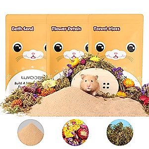 LUVCOSY Hamster Bedding Bundle = 3lb Bath Sand + 5oz Flower Petals + 4oz Dry Forest Moss, Cage Accessories, Habitat Decor, Odor Control for Syrian Hamster, Guinea Pig, Reptile & Small Animals