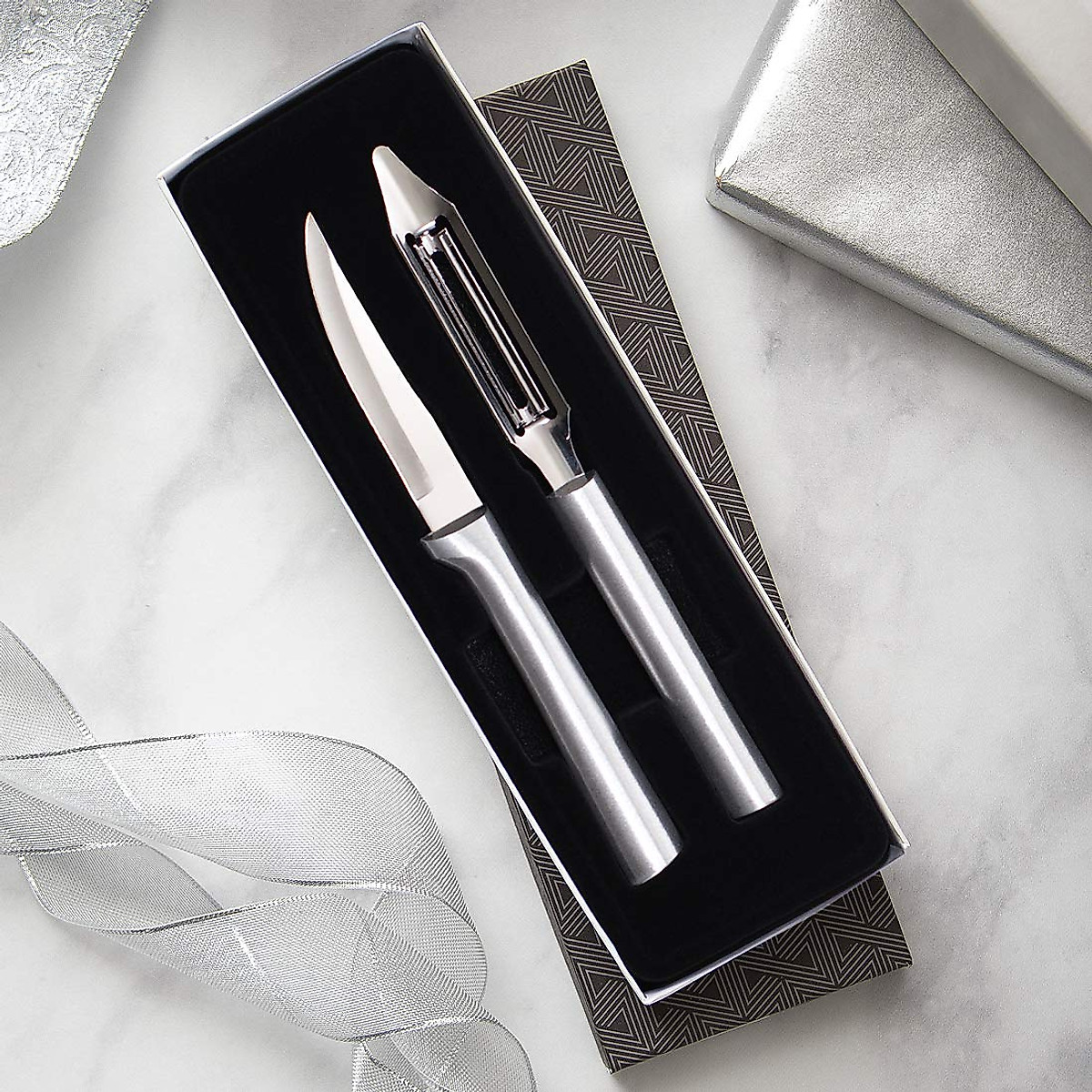 RADA Stainless Steel Paring Knife and Vegetable Peeler – Pare and Peel Gift Set with Knife Sharpener