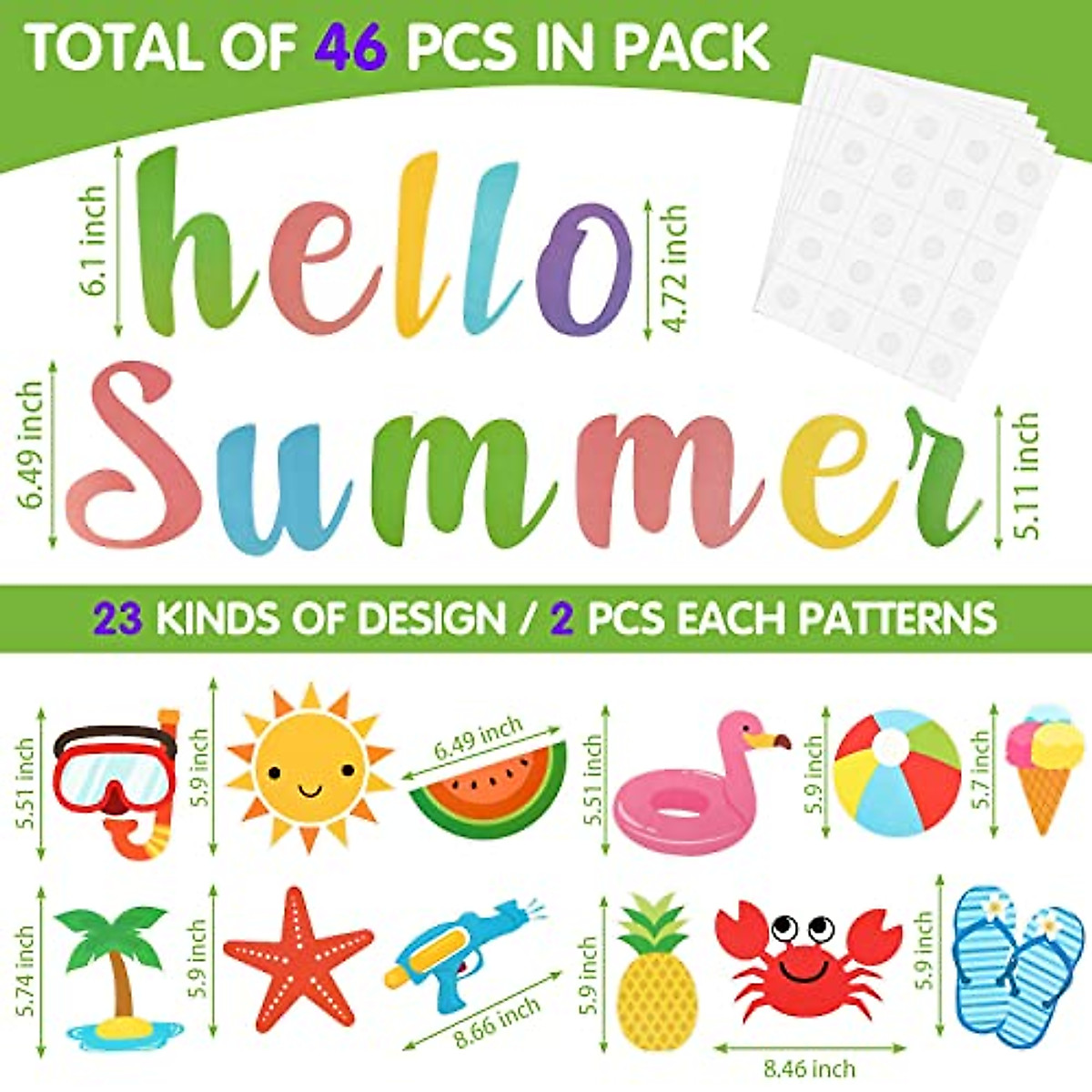 46 Pcs Hello Summer Cutouts Summer Bulletin Board Set Hawaii Ice Cream Watermelon Palm Tree DIY Paper Cutouts Wall Decals Beach Party Decorations for Classroom Kindergarten Party Supplies