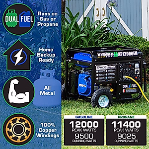 DuroMax XP12000EH Generator-12000 Watt Gas or Propane Powered Home Back Up & RV Ready, 50 State Approved Dual Fuel Electric Start Portable Generator, Black and Blue