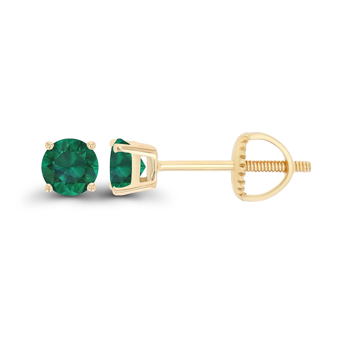 14K Yellow Gold Plated Sterling Silver 4mm Round Created Green Emerald May Birthstone Screwback Stud Earrings