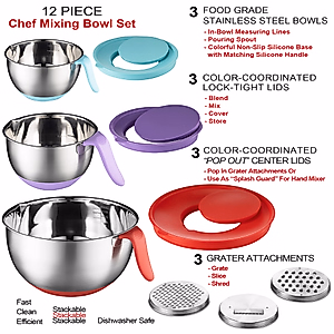 Stainless Steel Mixing Bowls with Lids (Set of 3) - Features Long Handles, Pour Spout, Non Slip Colorful Silicone Bottom, 3 Graters, & Measurement Marks. Ideal for Baking, Serving, Food & Salad Prep.
