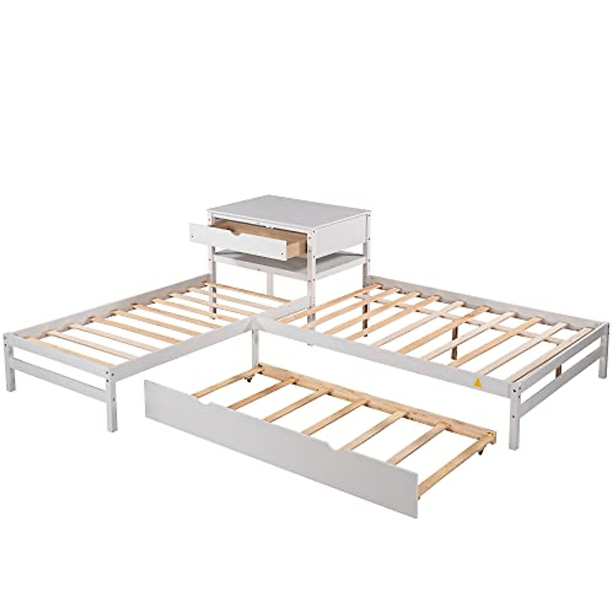 L-Shaped 2 Beds Twin Size & Full Size with Trundle Wood Platform Beds for 3 People Corner Bed Frames with Table for Kids Teens Adults, White