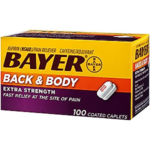 Bayer Back & Body Extra Strength Aspirin, 500mg Coated Tablets, Fast Relief at the Site of Pain, Pain Reliever with 32.5mg Caffeine, 100 Count
