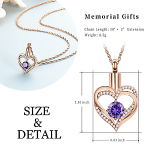 shajwo Cremation Jewelry Heart Urn Necklace for Ashes for Women Gilrs Memorial Keepsake Birthstone Pendant,Rose Gold-Purple
