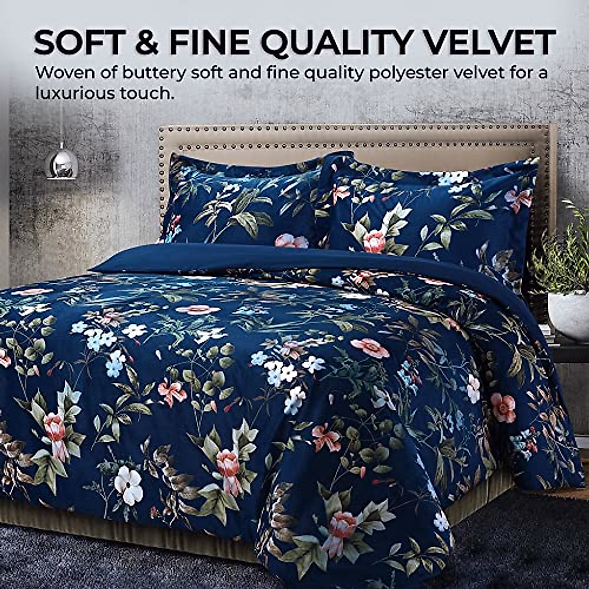 Tribeca Living Velvet Floral Printed King Duvet Cover Set, Soft Touch, Oversized, Luxury Three Piece Set Includes One Duvet Cover and Sham Pillowcases, Calla Multicolor