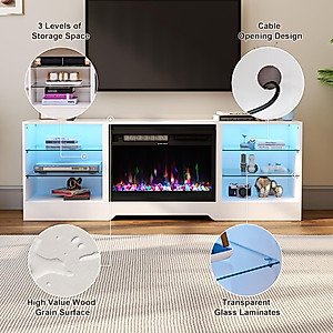 COCO DESIGN Fireplace TV Stand with 23" Fireplace, Electric Fireplace TV Console for TVs up to 75", LED Lights Wood and Glass Entertainment Center & Remote Control, White