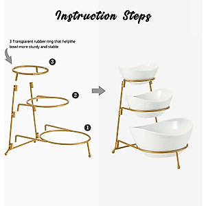 HBlife 3 Tier Oval Bowl Set with Metal Rack, Ceramic Fruit Bowl Serving, Tiered Serving Stand for Dessert Appetizer Cake Candy Chip Dip (Gold)