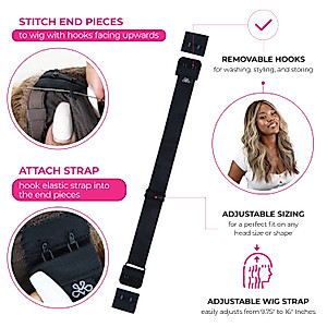 Milano Adjustable Elastic Wig Band with Hooks for Secure Fit & Comfort for Wigs and Lace Front Wigs - Wig Strap, Headband, & Wig Grip Accessories, Black