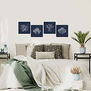HOMEOART Coral Canvas Wall Art Prints Ocean Navy Blue Coastal Artwork Beach Home Decor Picture Framed Ready to Hang 12&quot;x12&quot;x4 Pieces