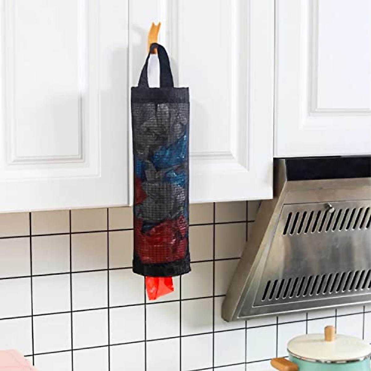 Plastic Bag Holder,Mesh Garbage Bag Holder,Folding Hanging Storage Dispensers Bag Holder,Organizer Rubbish Bags for Home and Kitchen (L-Black)