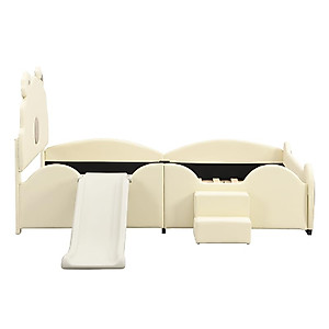 Merax, Beige Size Upholstered Platform Bed Frame, Children's Slide and LED Light for Girls, Full(Piglet Headboard)