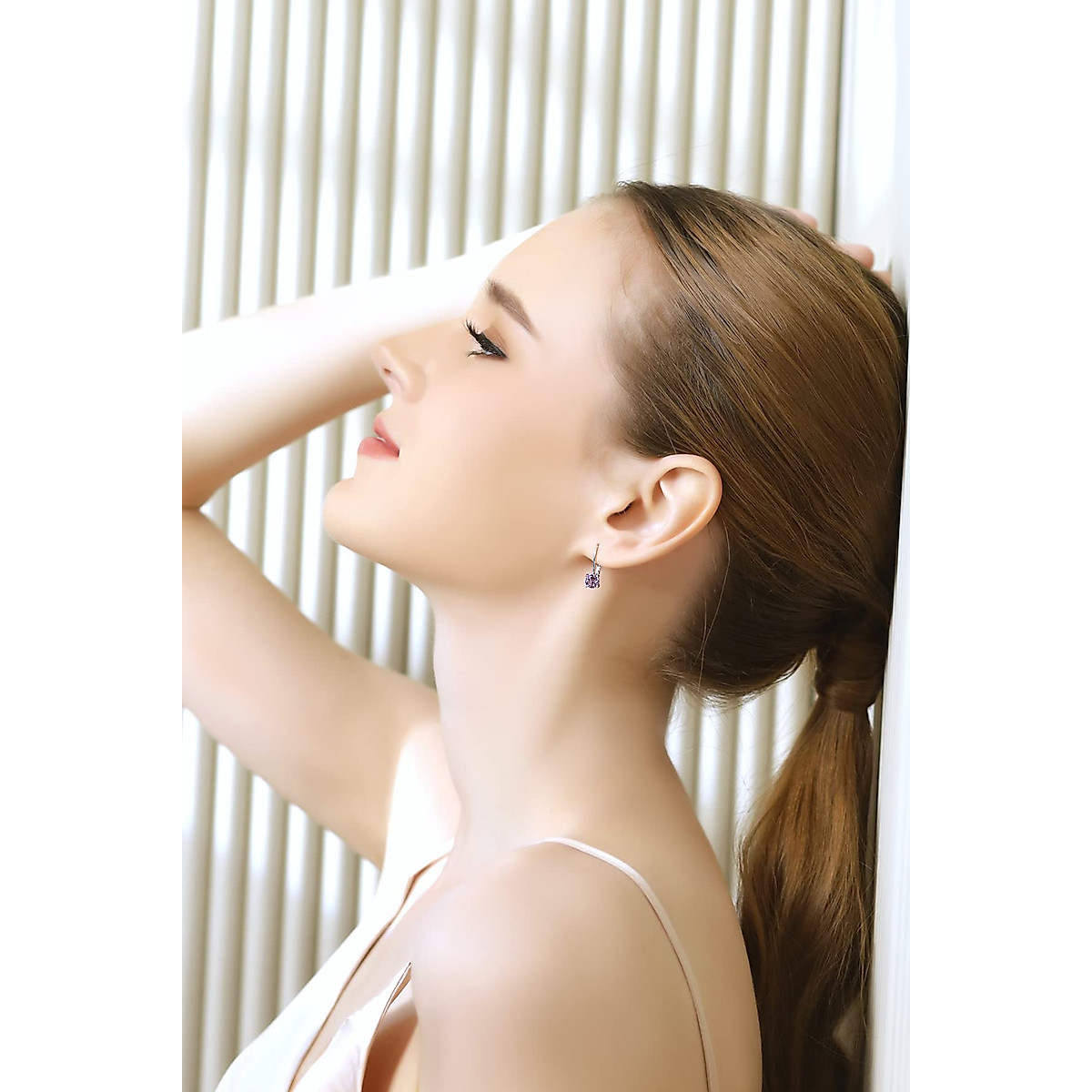 Purple Earrings for Women Sterling Silver Fashion 6mm Round Leverback Drop Amethyst Earring Tendy Summer