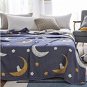 J-pinno Bright Moon Stars Muslin Blanket Reversible 100% Cotton 6 Layer Quilt Bed Blanket Soft Warm Throw Sofa Couch Toddler Kids Cartoon Travel Coverlet Sheet (Stars, Twin 56" X 76")