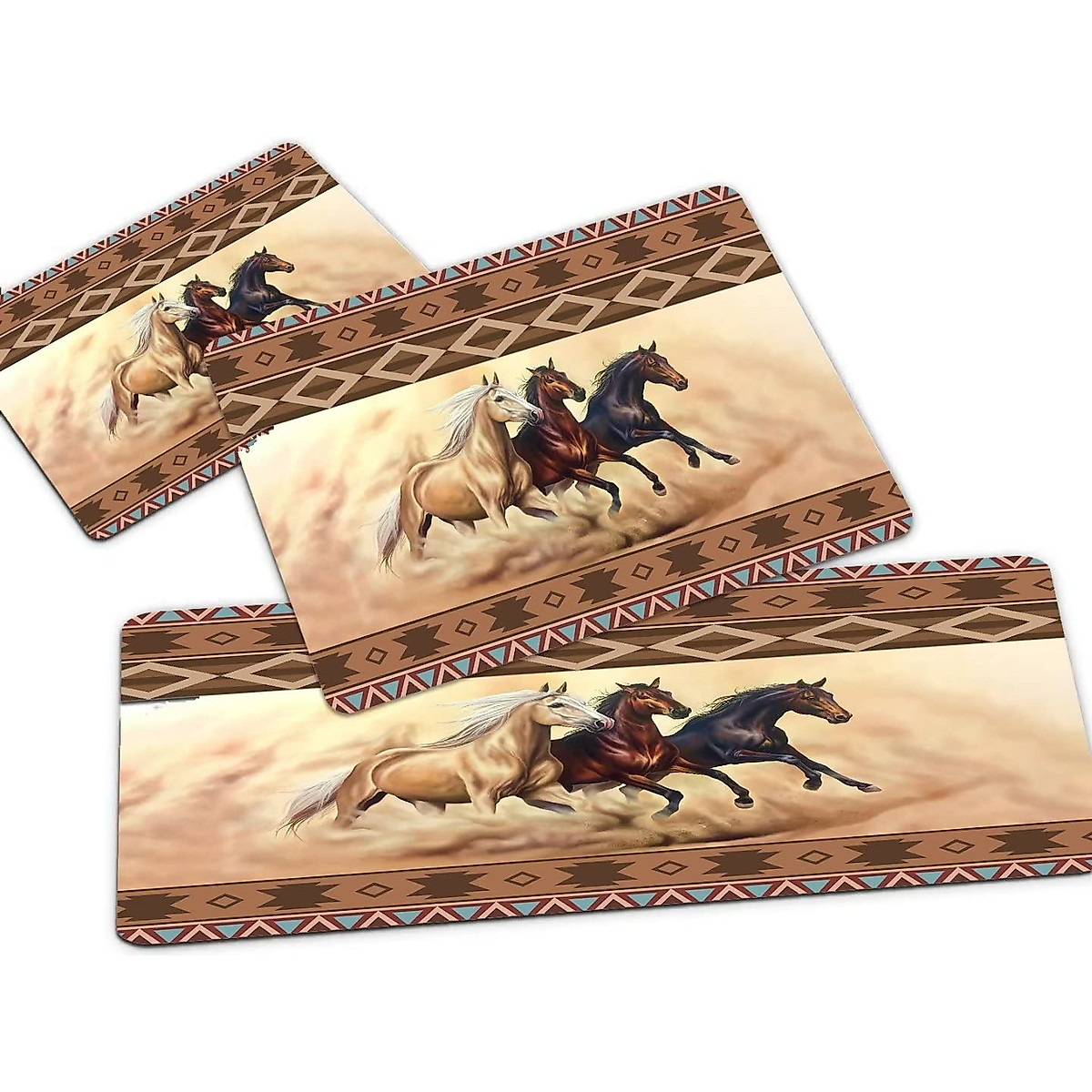 Animal Running Horse Kitchen Rug Set 3 Pieces Horses Herd Run in Desert Sand Storm Against Dramatic Sky Floor Mats Washable Doormat Anti Fatigue Non-Slip Chef Sink Runner Rugs Bedroom Area Carpet
