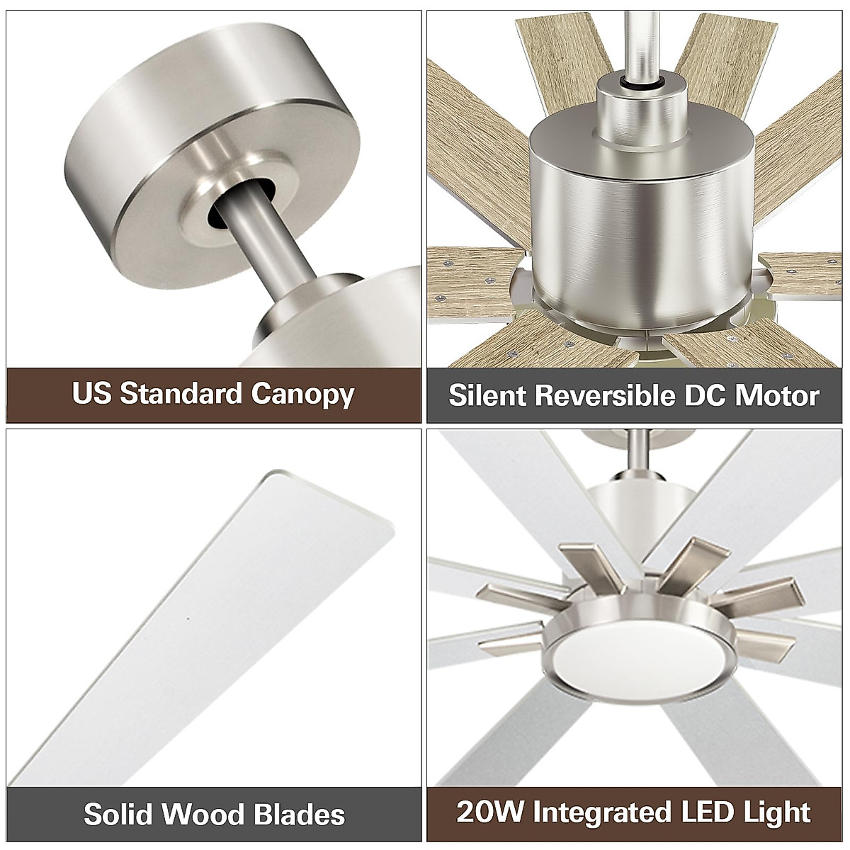 hykolity 72 Inch Indoor Ceiling Fans with Lights and Remote Control,Quiet Indoor Reversible DC Motor Ceiling Fan,8 Blades, Dimmable, 5CCT,6-Speed Ceiling Fan -Brushed Nickel