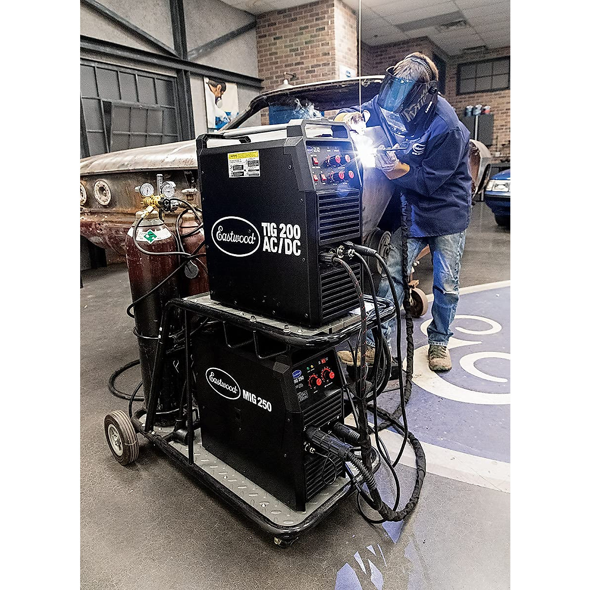 Eastwood AC/DC TIG Welder System | 1/4 Inch Thick Welding Capacity | Duty cycle of 60% at 190 Amps | 110 & 220V Dual Voltage TIG Welding with Rocker Style Foot Pedal | Black